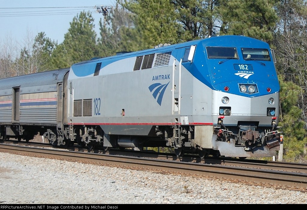 Amtk P-42DC #182 leads a soutbound at the entrance to Collier Yard